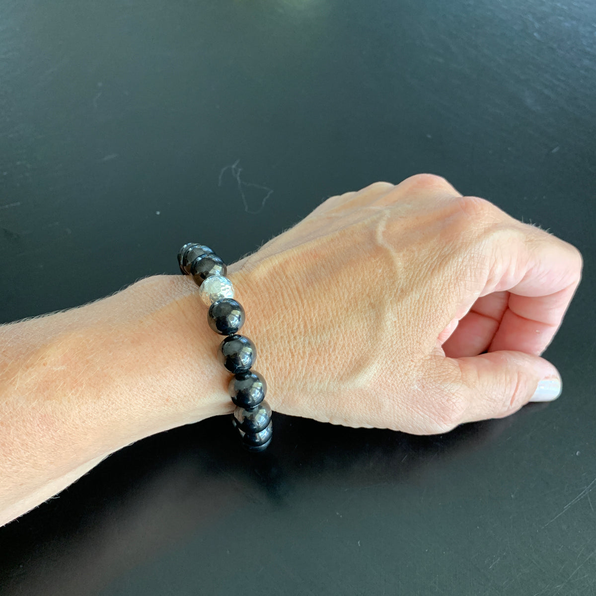 Shungite Bracelet with Sterling Silver Guru Bead – Pink Moon by Tabitha