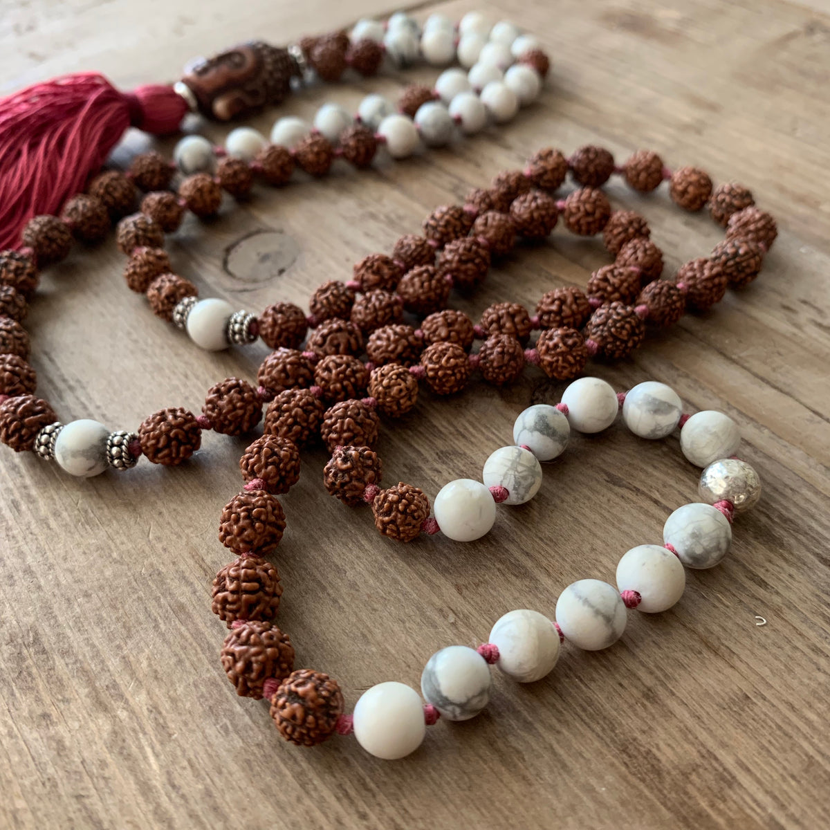Howlite and Rudraksha Seed 108 Bead Mala with Buddha Head and Silk Tas ...